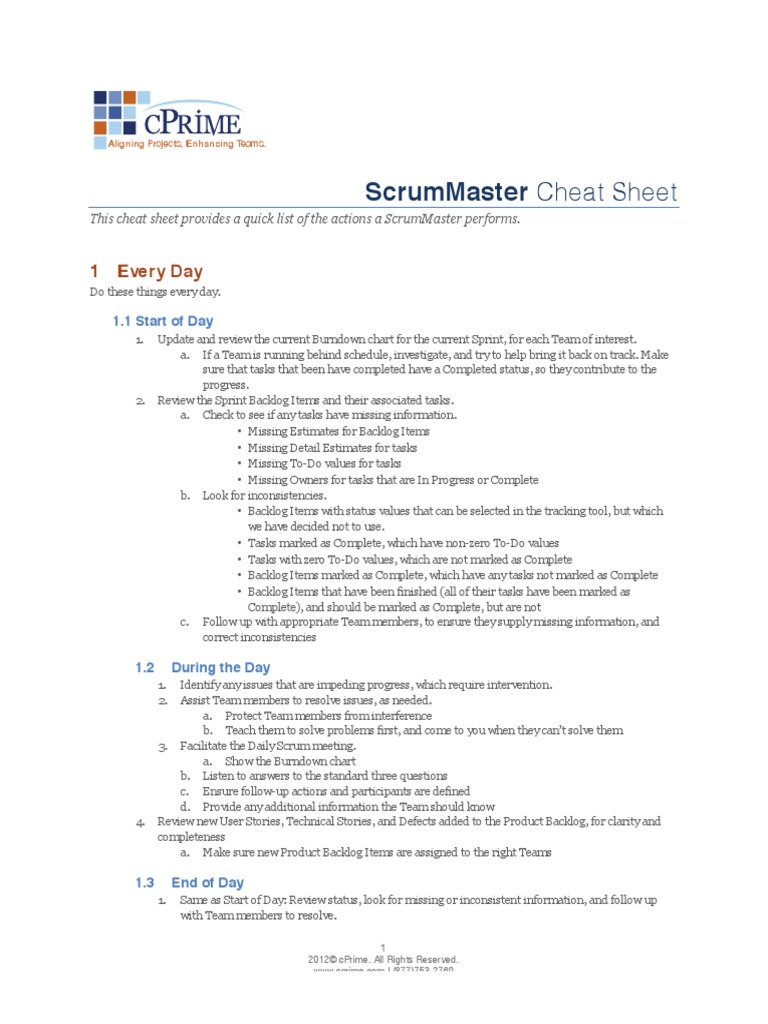 Scrummaster Cheat Sheet: 1 Every Day | PDF | Scrum (Software ...