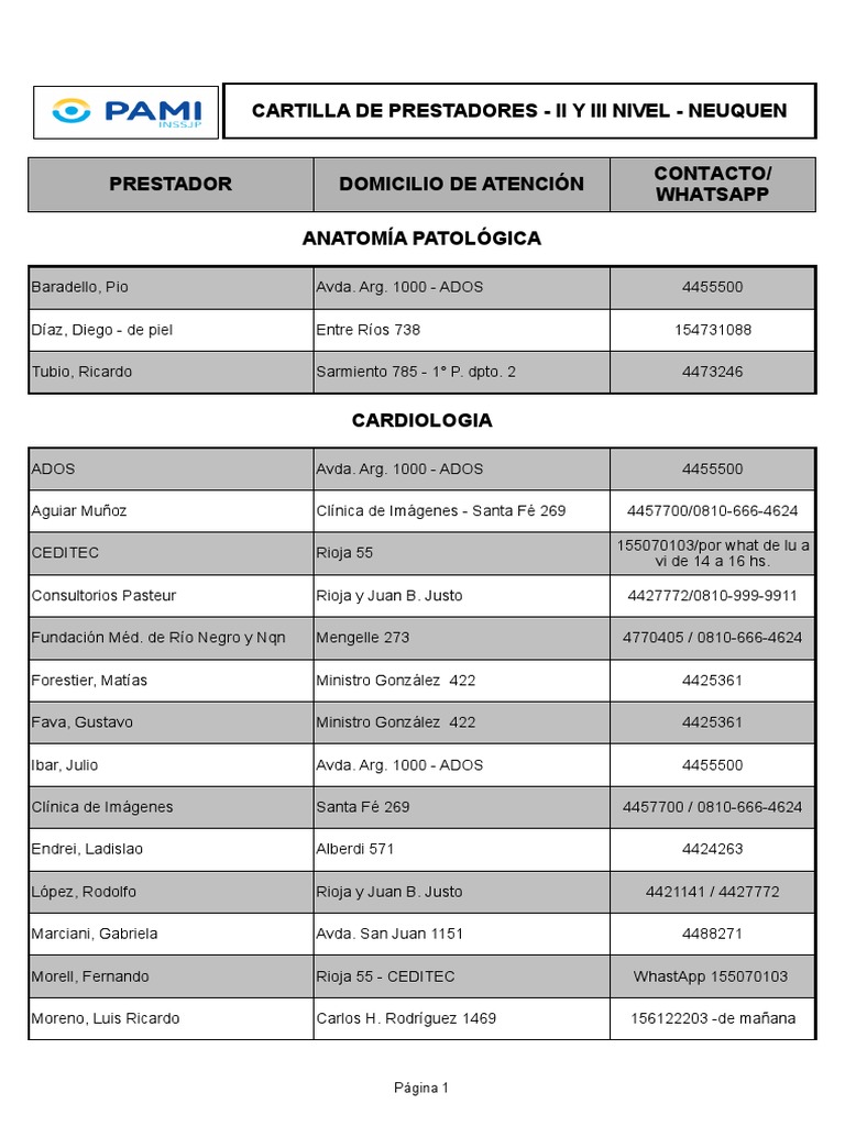 Cartilla Actualizada. Pami Al 02-12-2020 | PDF | Especialidades Medicas | Medicina CLINICA
