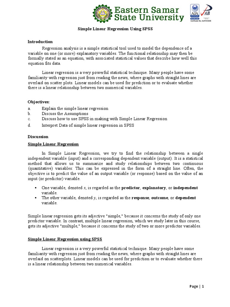 STATG5 - Simple Linear Regression Using SPSS Module | PDF | Regression Analysis | Errors And ...