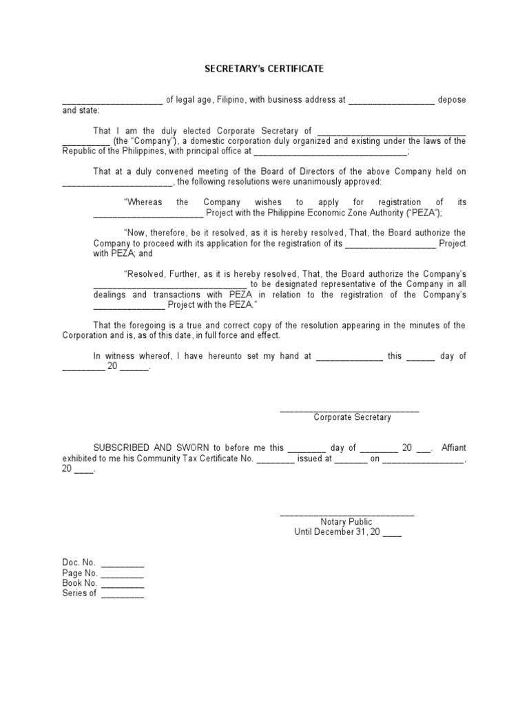 Secretary Certificate - Authorized Signatory - PEZA | PDF