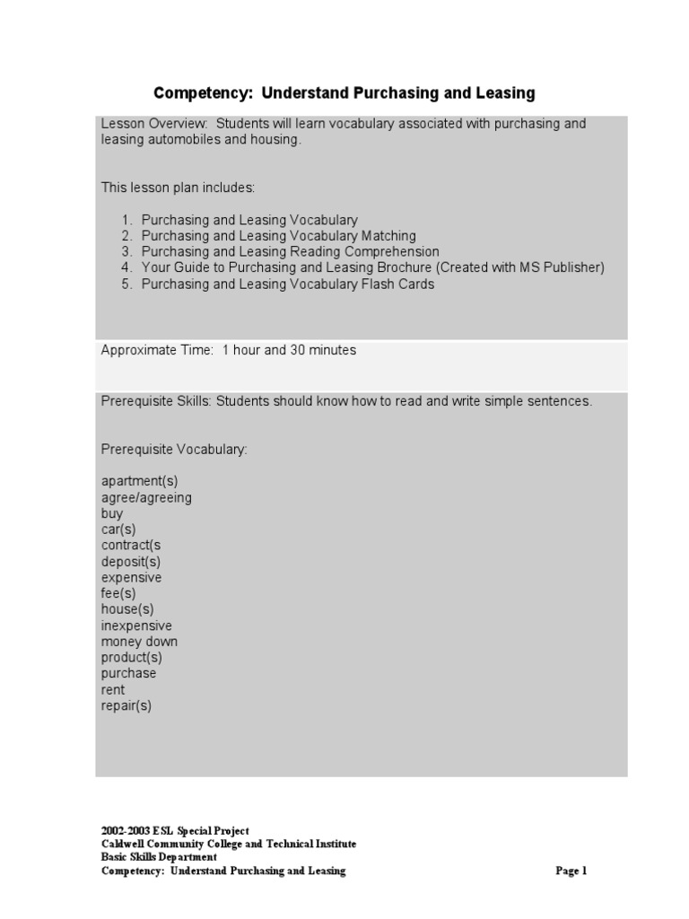 Lesson Understand Purchasing Leasing | PDF | Vocabulary | Reading ...