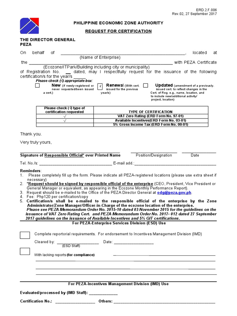 Philippine Economic Zone Authority Request For Certification The ...