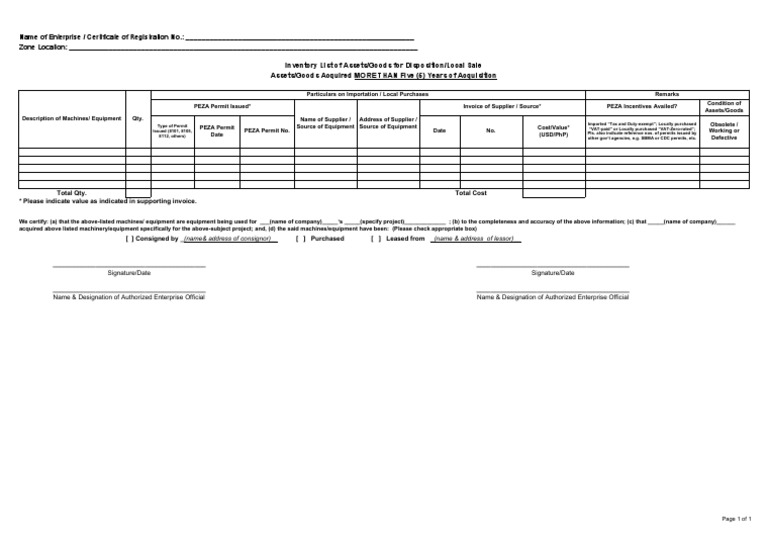Form - Inventory For Disposition Local Sale For MORE THAN 5 YEARS | PDF ...