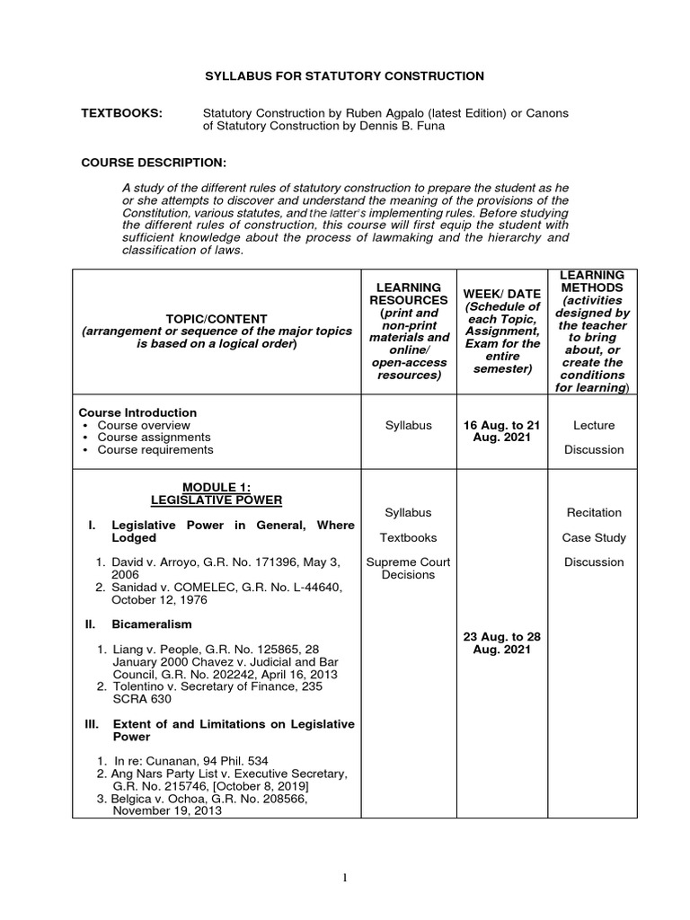 STATCON - Departmental Syllabus 2021-2022 | PDF | Statutory Interpretation | Textbook
