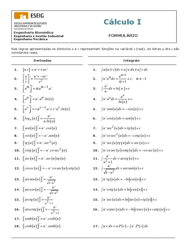 Formulario Derivadas Integrais | PDF | Analise matemática | Cálculo