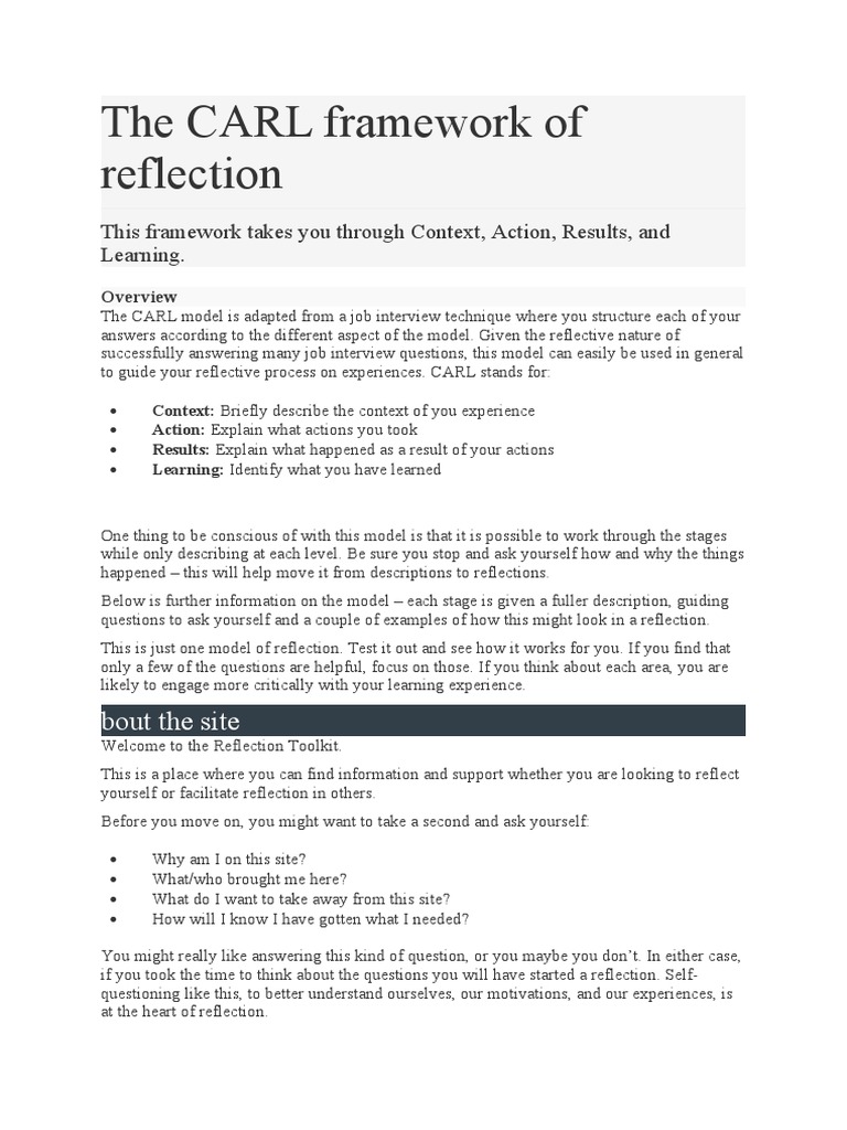 The CARL Framework of Reflection | PDF | Goal | Learning