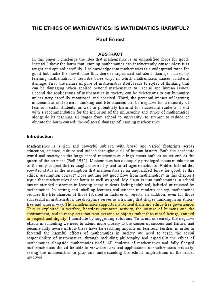 The Ethics of Mathematics: Is Mathematics Harmful? Paul Ernest | PDF ...