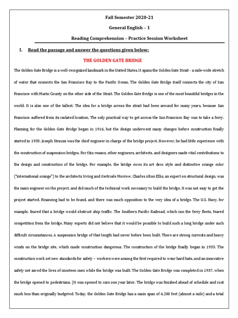 Reading Comprehension - Practice Session Worksheet | PDF | Transport