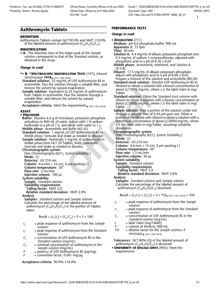 Azithromycin Tablets USP | PDF | Chromatography | Buffer Solution