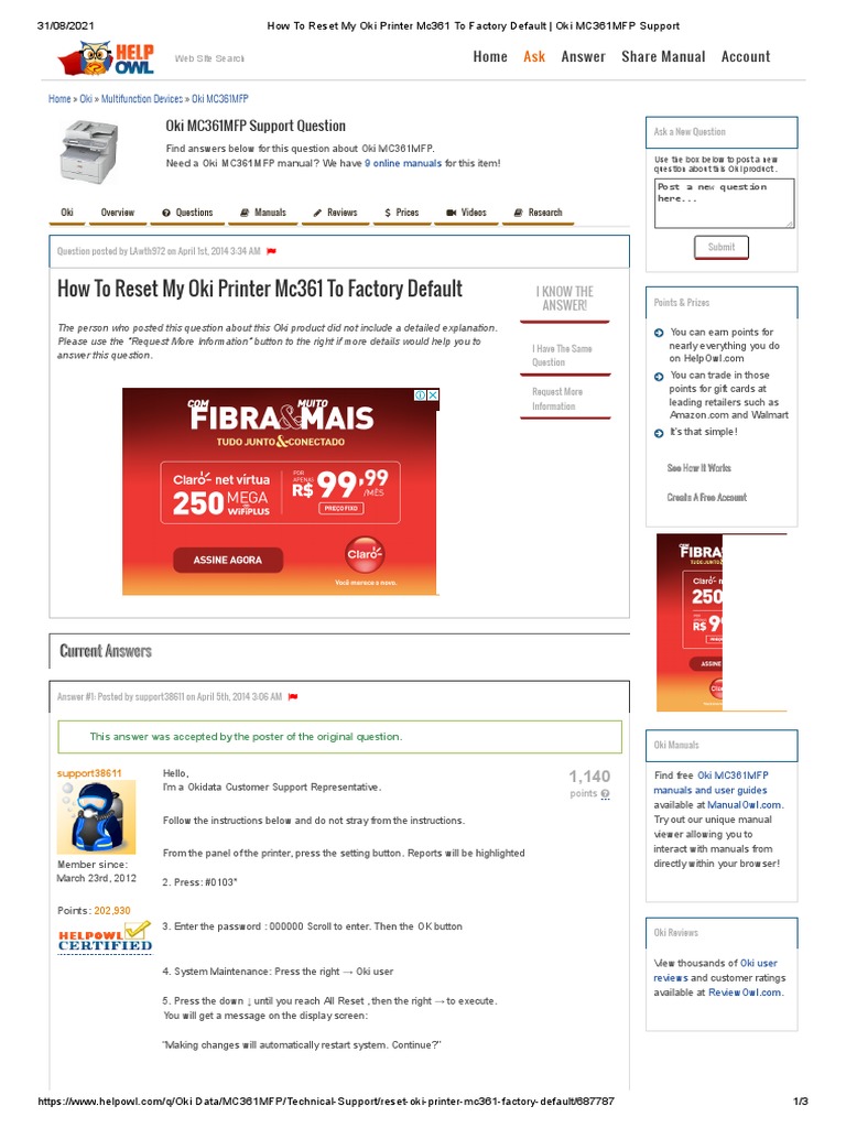 RESSET OKI Mc361 To Factory Default | PDF | Fax | Computing