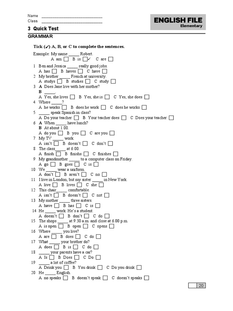 3 Quick Test: Grammar Tick ( ) A, B, or C To Complete The Sentences ...