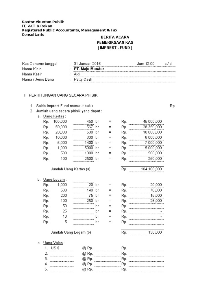 Berita Acara Kas Opname Dan Form Rekonsiliasi Bank | PDF