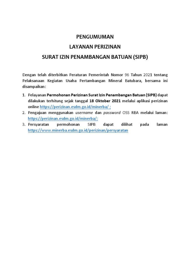 Pengumuman Layanan Perizinan Surat Izin Penambangan Batuan (Sipb) | PDF