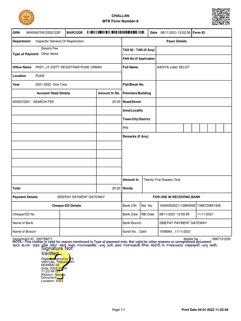 Pune Search Fee Payment Challan 2021 | PDF | Payments | Money