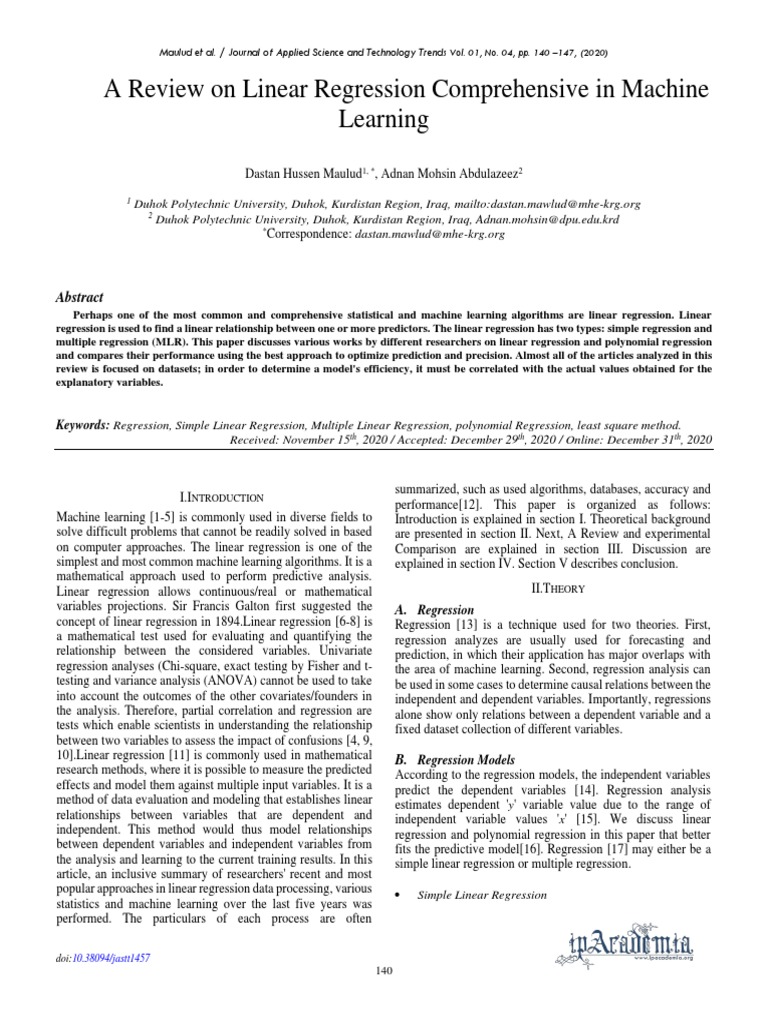 A Review On Linear Regression Comprehensive in Machine Learning | PDF ...