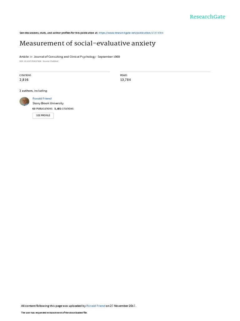 Measuring Social Anxiety: The Fear of Negative Evaluation (FNE) and ...