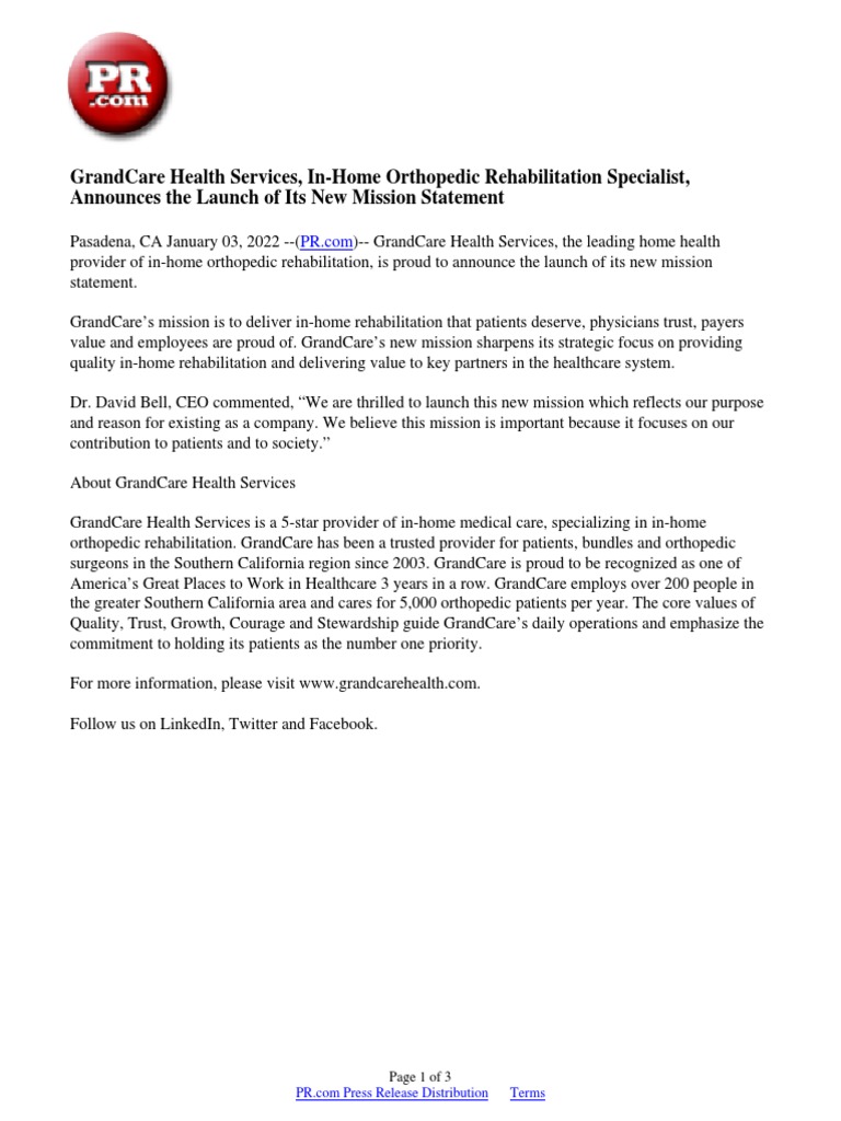 GrandCare Launches New Mission Statement | PDF | Health Care | Physical ...