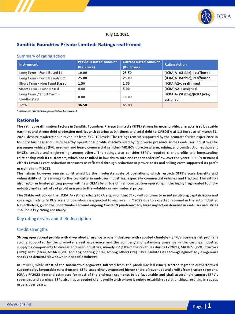 Sandfits Foundries Private Limited | PDF | Moody's Investors Service ...