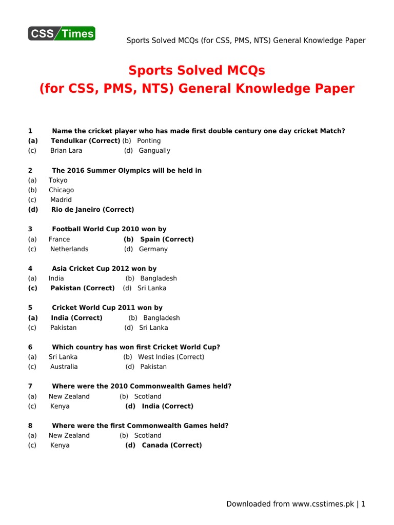 Sports Solved Mcqs (For CSS, PMS, NTS) General Knowledge Paper | PDF ...
