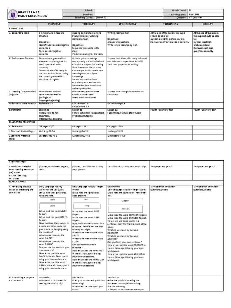 Grade 2 DLL English 2 q4 Week 9 | PDF | Reading Comprehension | Question