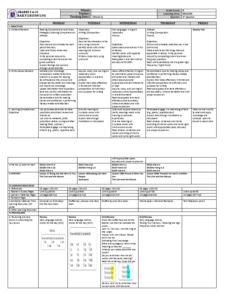 Grade 2 Weekly Lesson Plan: Week 5 | PDF | Reading Comprehension ...