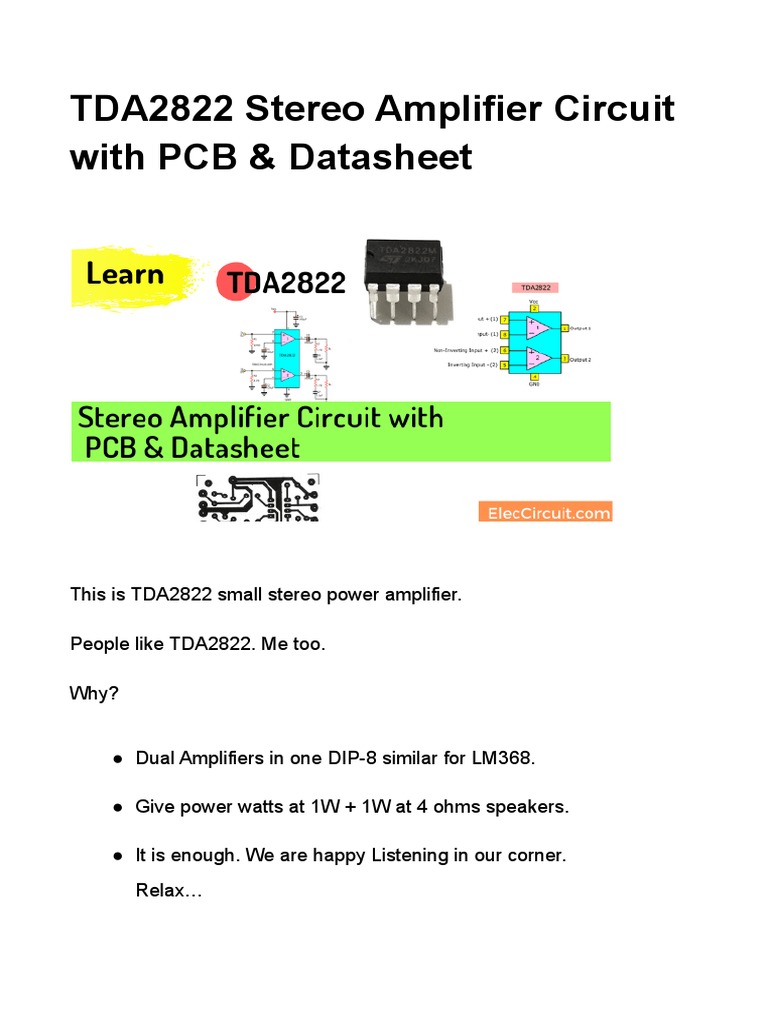 TDA2822 Stereo Amplifier Circuit With PCB & Datasheet | PDF | Amplifier | Operational Amplifier