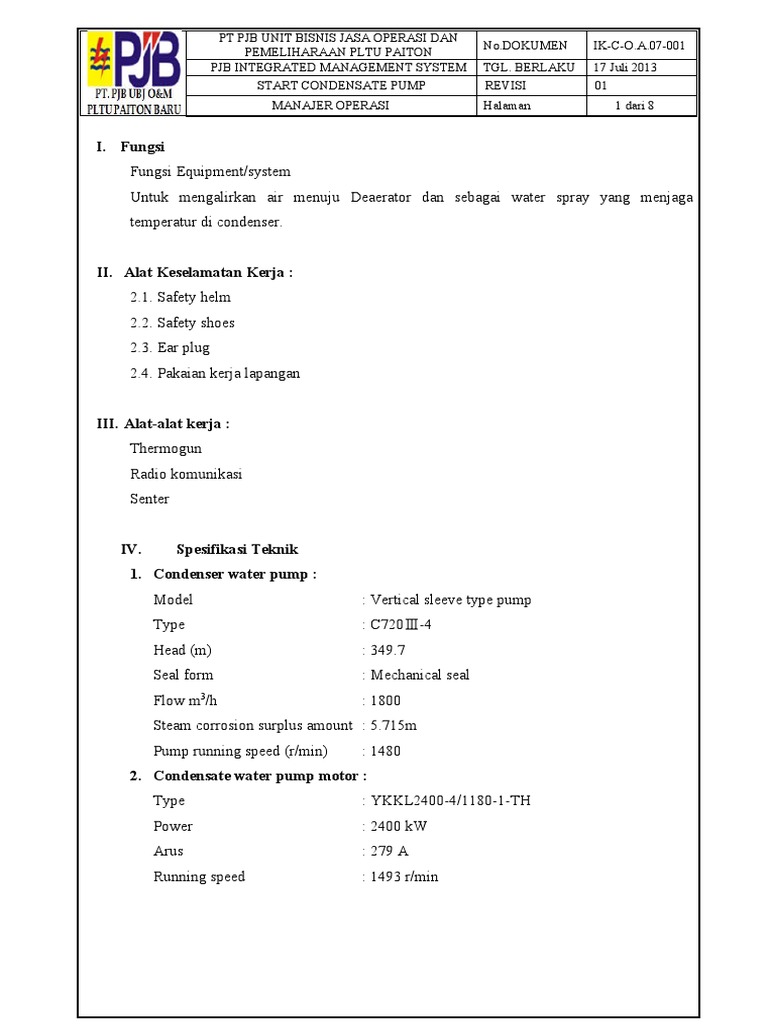 SOP Start Condensate Pump | PDF