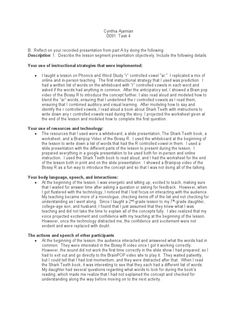Cynthia Ajamian D091 - Task4 | PDF | Teachers | Lesson