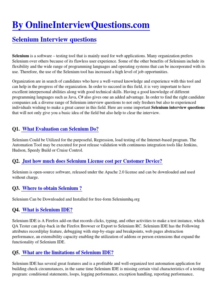 Selenium Interview Questions: What Evaluation Can Selenium Do? | PDF ...