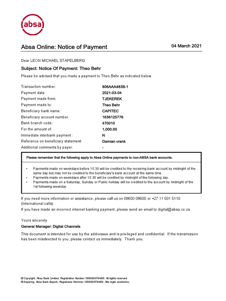 Absa Online: Notice of Payment: 04 March 2021 | PDF