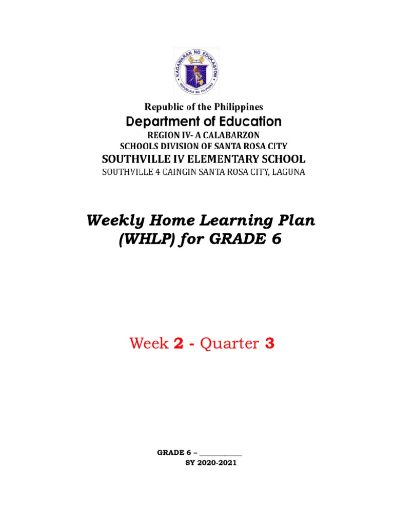 Weekly Home Learning Plan (WHLP) For GRADE 6: Week 2 - Quarter 3 | PDF ...