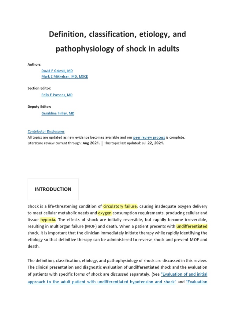 Definition, Classification, Etiology, and Pathophysiology of Shock in ...