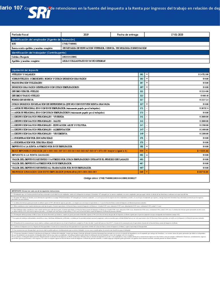 Formulario 107: Retenciones SRI 2019 | PDF | Impuesto sobre la renta ...