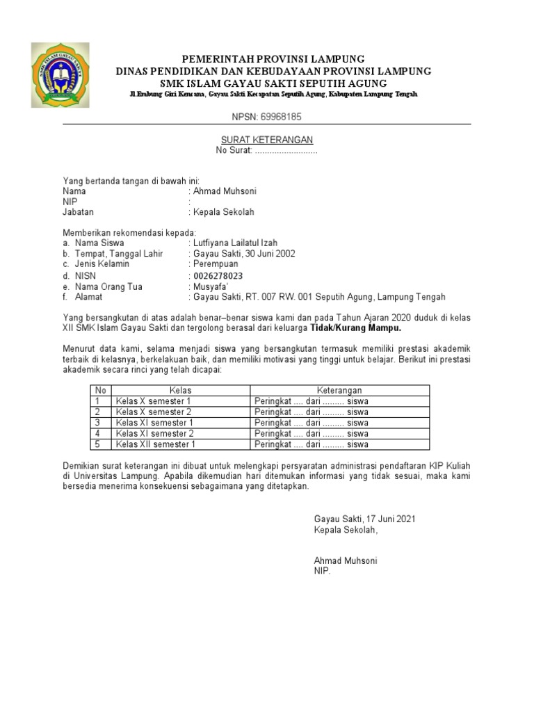 Surat Keterangan Peringkat Kelas | PDF