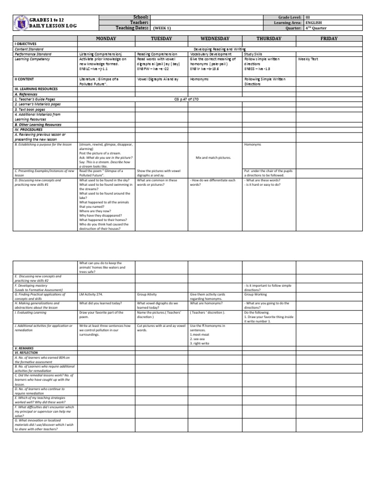 Grade 3 DLL English 3 Q4 Week 1 | PDF | Reading Comprehension | Learning
