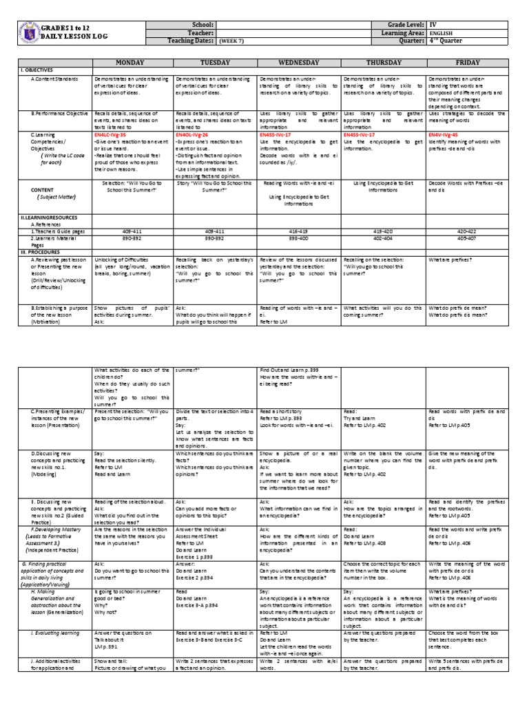 Grade 4 English DLL Week 7 Q1 | PDF | Information | Learning