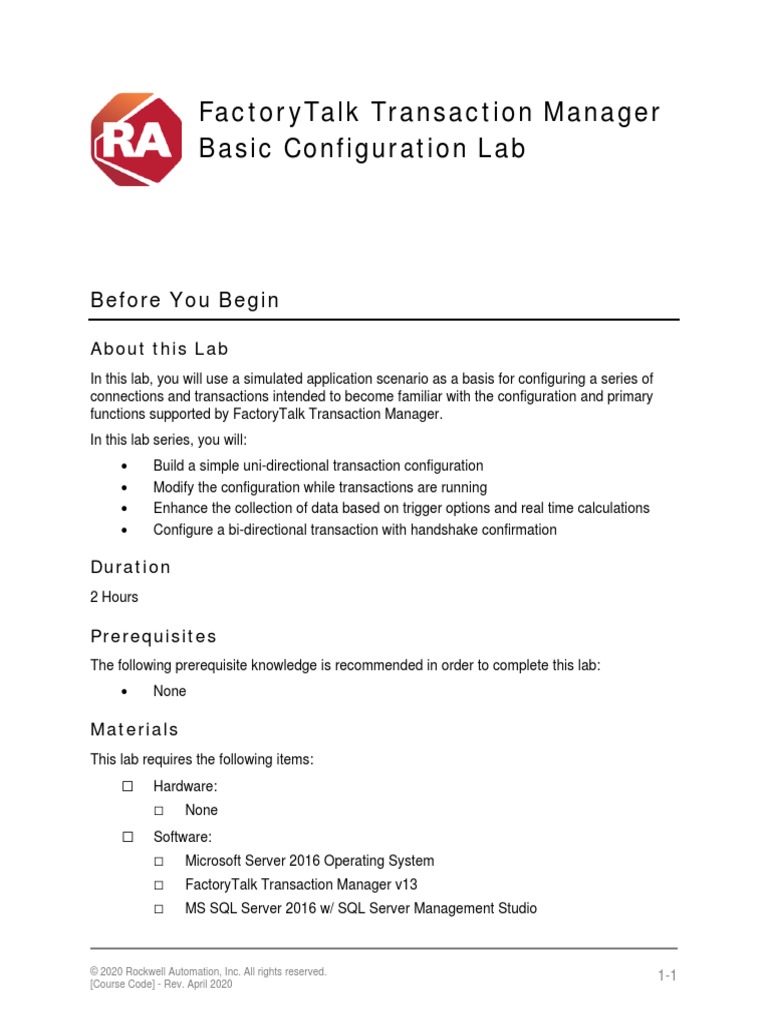 FactoryTalk Transaction Manager Basic Configuration Lab | PDF | Databases | Microsoft Sql Server