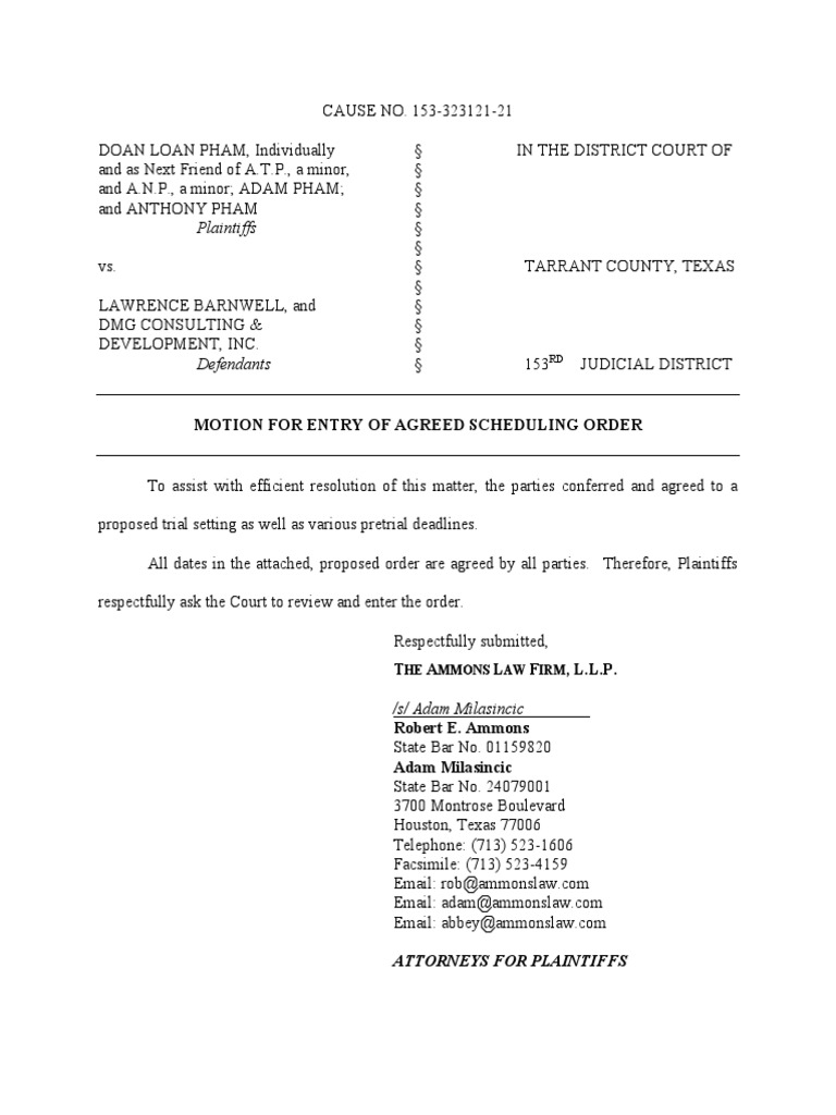 2021.11.16 PLF MTN For Entry of Agreed Scheduling Order | PDF | Lawyer ...