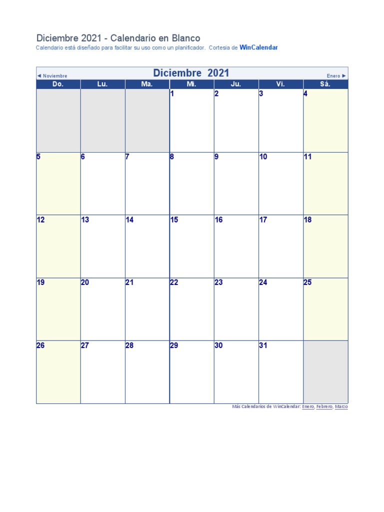Calendario en Blanco Diciembre 2021 | PDF
