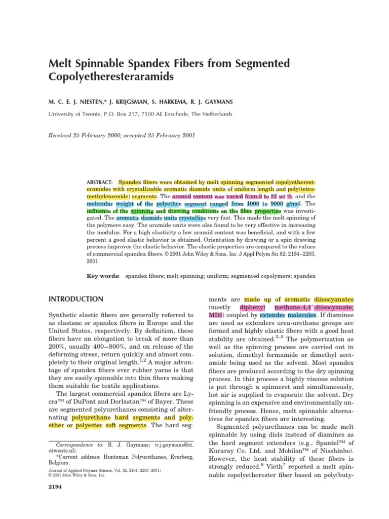 1 - Melt Spinnable Spandex Fibers | PDF | Young's Modulus | Deformation ...