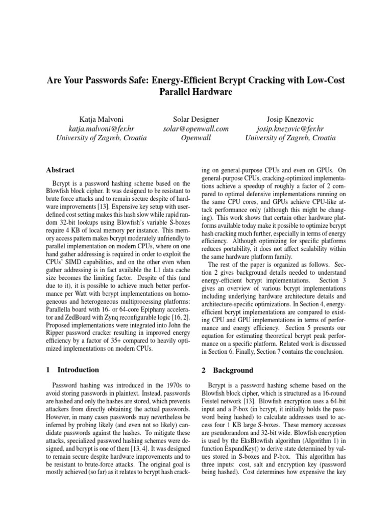 Are Your Passwords Safe: Energy-Efficient Bcrypt Cracking With Low-Cost Parallel Hardware | PDF ...