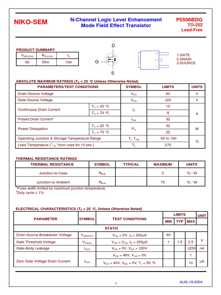 Niko-Sem: N-Channel Logic Level Enhancement Mode Field Effect Transistor | PDF | Field Effect ...