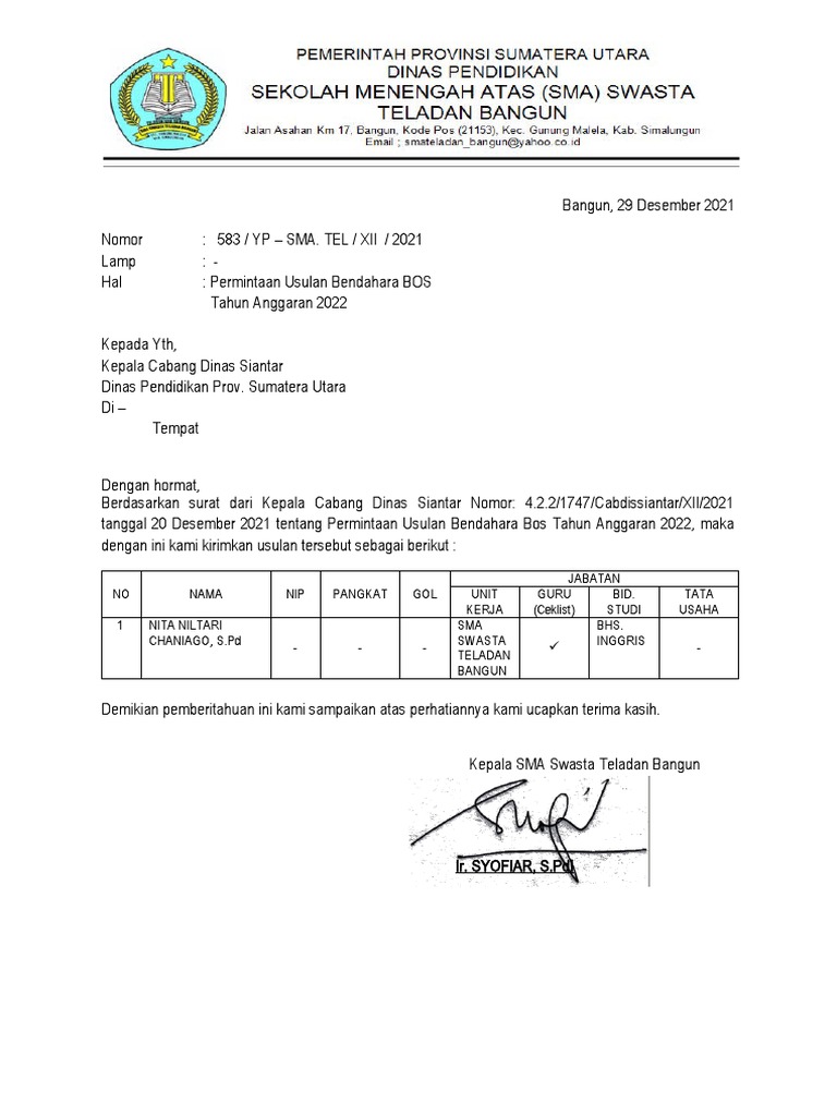 Usulan Bendahara Bos Ta. 2022 Smas Teladan Bangun | PDF