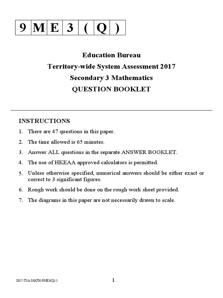 Education Bureau Territory-Wide System Assessment 2017 Secondary 3 ...