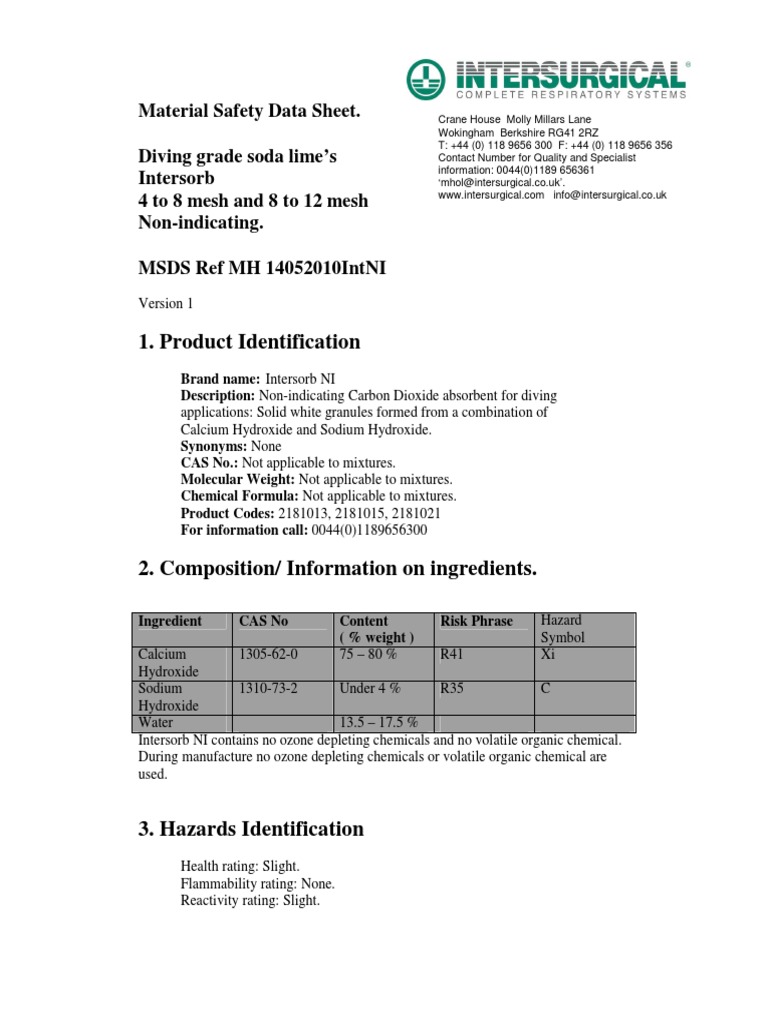 MSDS Intersorb Nonindicating Diving Grade | PDF | Sodium Hydroxide ...