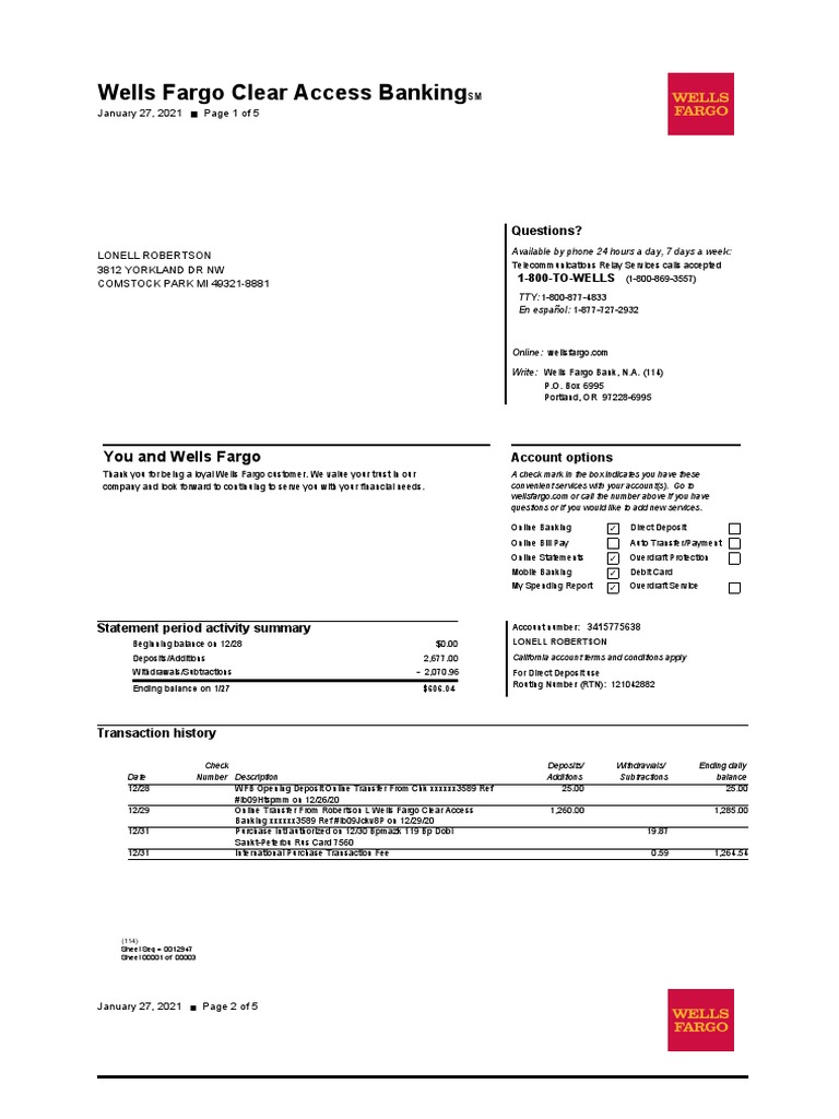 Wells Fargo Clear Access Banking | PDF | Overdraft | Banks