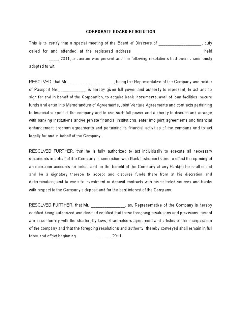 Corporate Board Resolution | PDF | Board Of Directors | Corporations