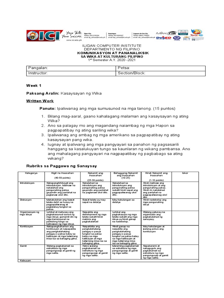 Activity Worksheet Sa Filipino 1 | PDF