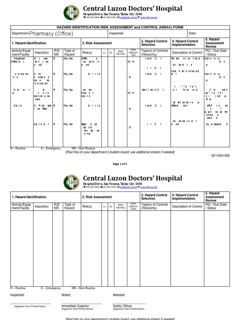 Hazard Identification Risk Assessment and Control (Hirac) Form | PDF ...