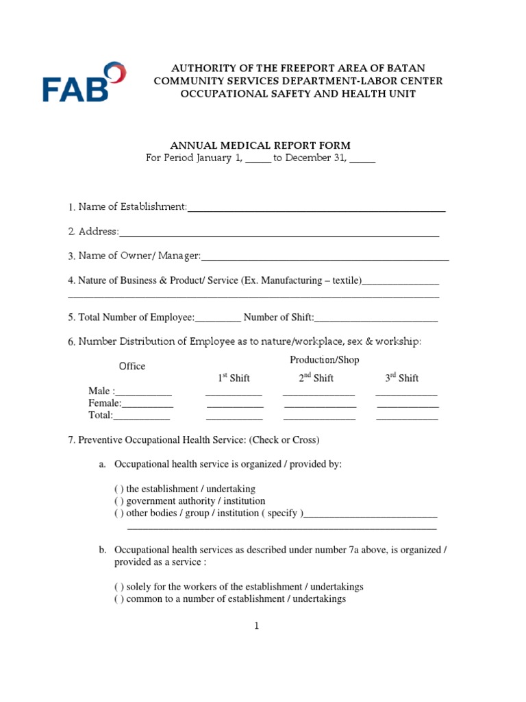 FAB - Annual Medical Report Form | PDF | Occupational Safety And Health ...